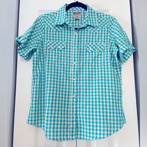 Wrangler | Tops | Wrangler Green And Off White Checkered Shirt With Metallic Threads Nwot Size M ...